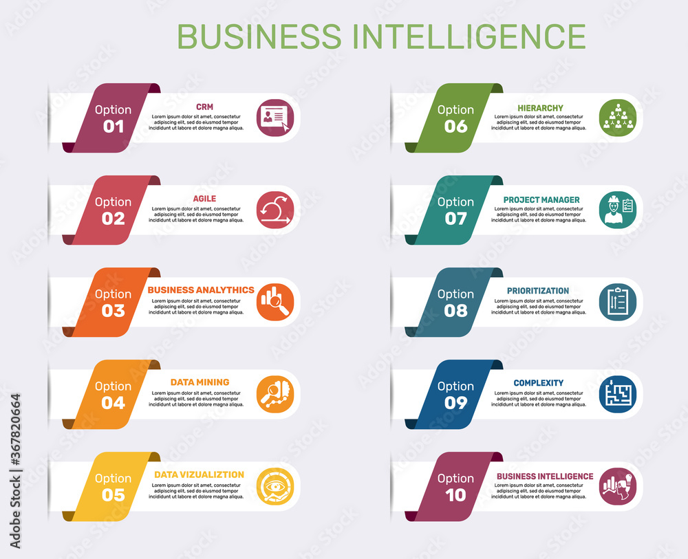 Infographic Business Intelligence template. Icons in different colors ...