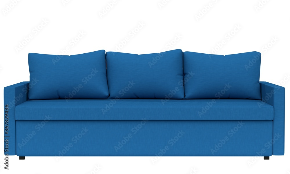 Classic blue sofa with soft pillows on a white background. Front view ...