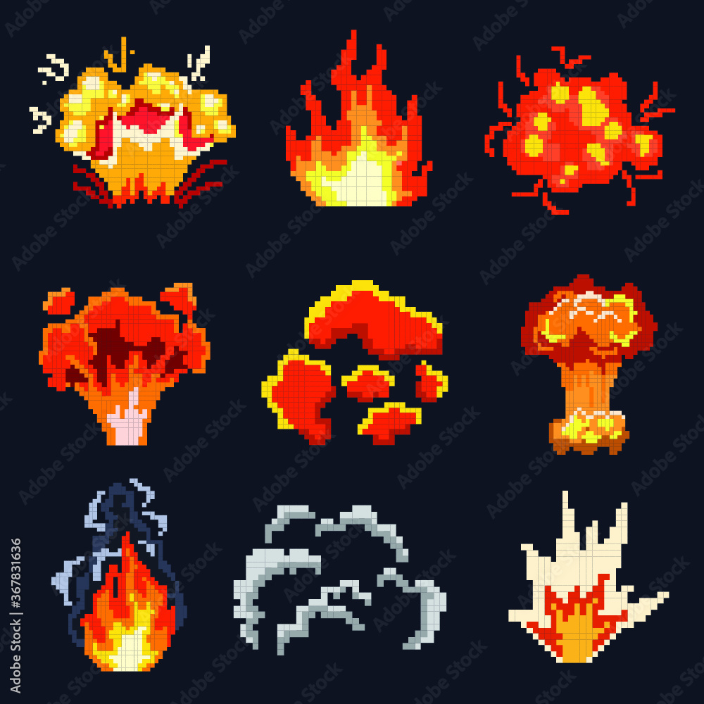 Explosions set vector illustration in pixel art Stock Vector | Adobe Stock
