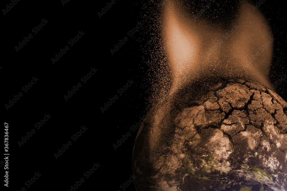 Isolated earth on black background with fire and ashes, illustrating ...