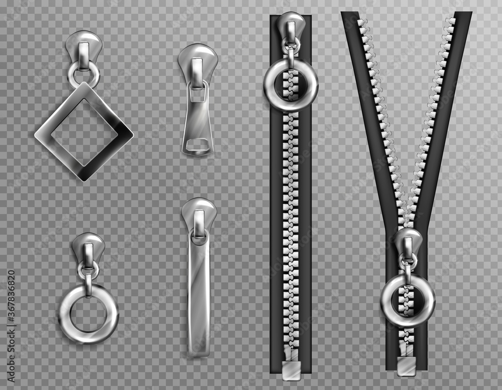 Metal zip fasteners, silver zippers with differently shaped puller and ...