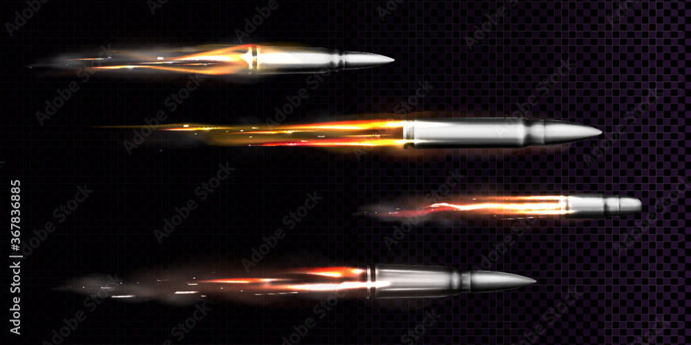 Flying bullets with fire and smoke traces. Shooting military handgun ...