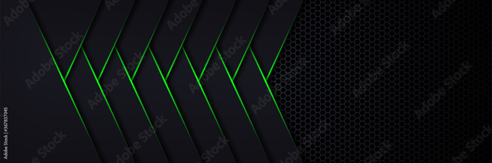 abstract dark technology background with green luminous hexagon carbon ...