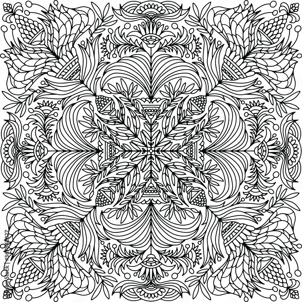 square mandala with floral ornaments of folk style drawn on a white ...