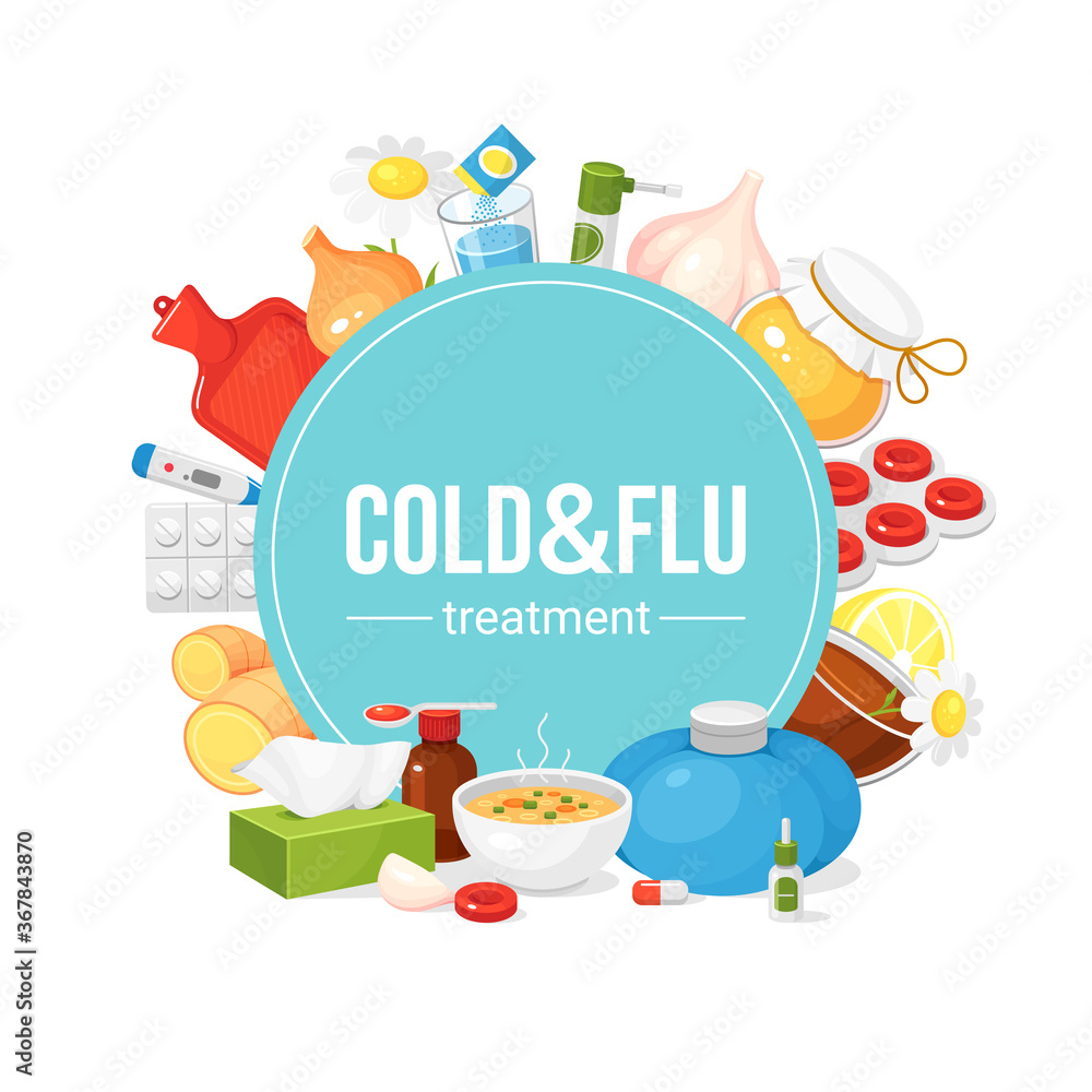 Vecteur Stock Cold and flue treatment round blue banner. Influenza ...