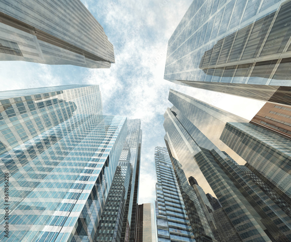 Skyscrapers and sky, high-rise buildings bottom view, modern cityscape ...