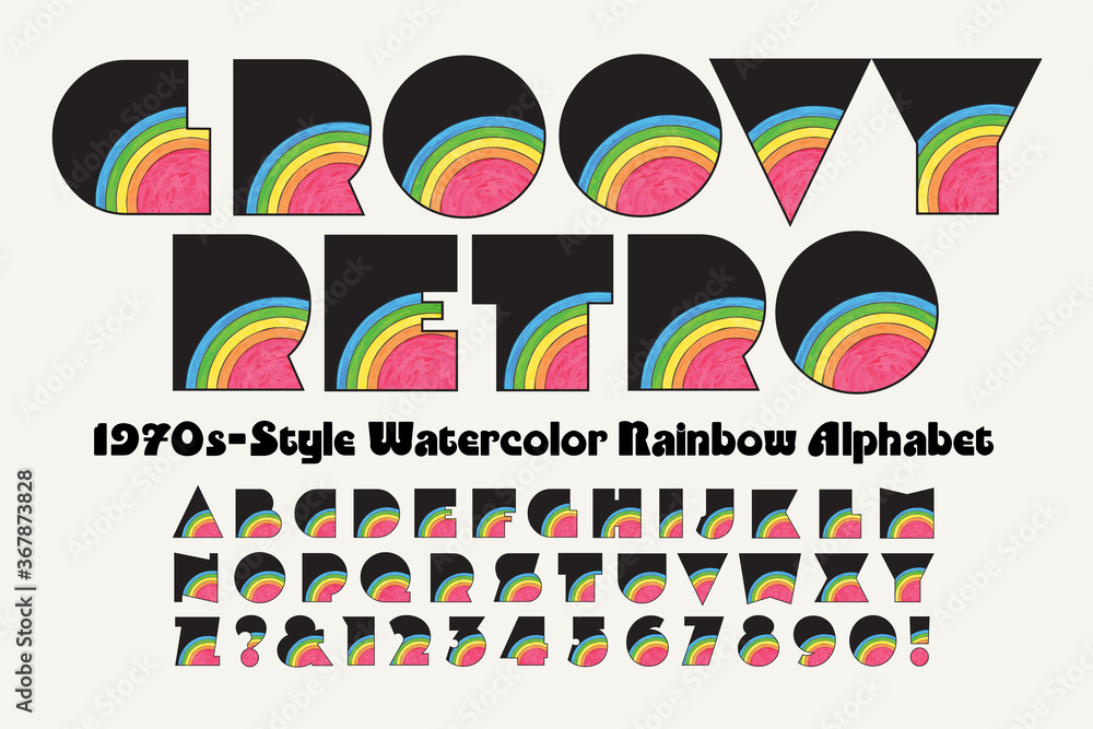 Vetor de Vector font: A Groovy Retro Extra Bold Watercolor Rainbow ...