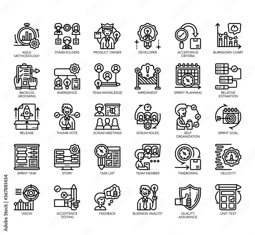 Vetor de Set of agile methodology thin line and pixel perfect icons for ...