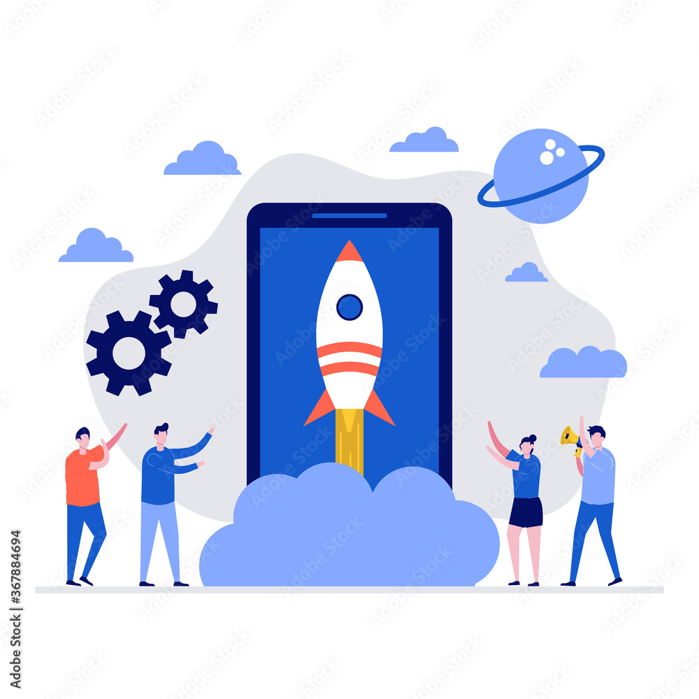 Startup vector illustration concept with characters and rocket launch. Modern flat style for ...