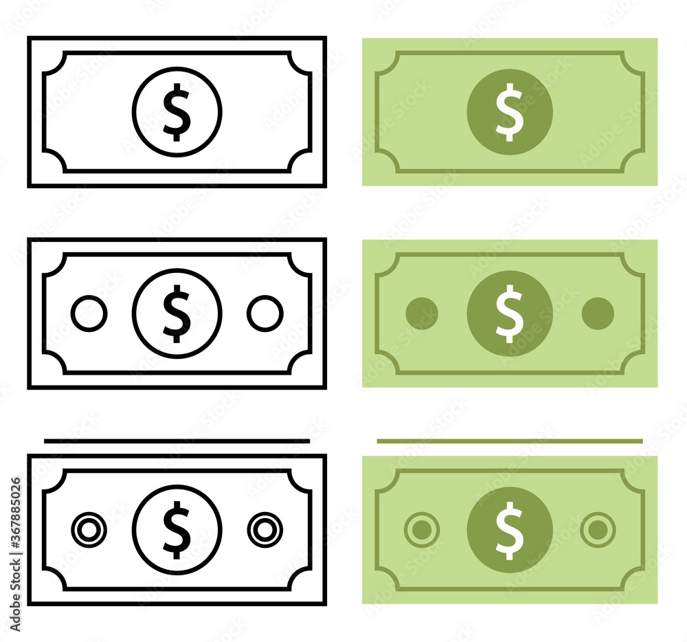 Billete. Ilustración vector de billetes o dinero. conjunto de iconos de ...