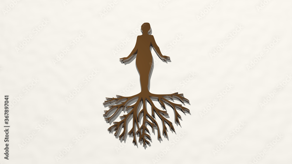 WOMAN WITH TREE ROOTS on the wall. 3D illustration of metallic ...