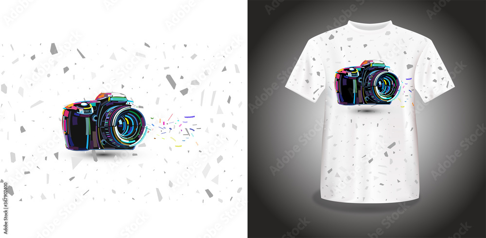 t-shirt design with a logo of a camera. 3d printed design DSLR camera ...