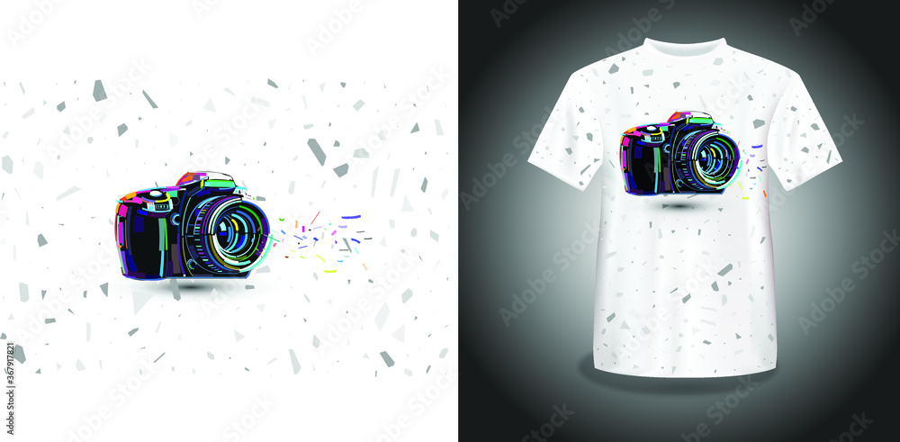 t-shirt design with a logo of a camera. 3d printed design DSLR camera ...