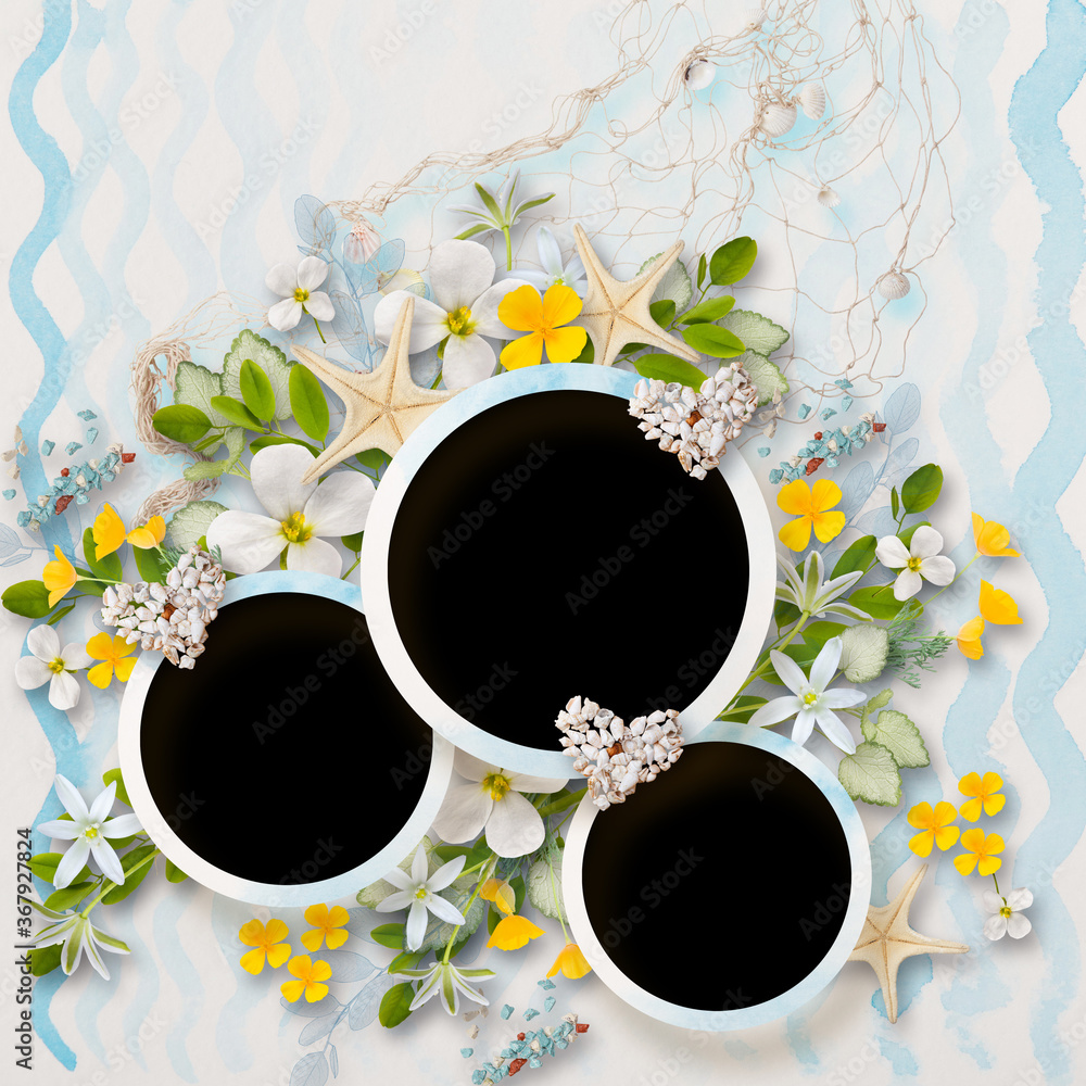 marine scrapbook frame on blue watercolor painted sea background. Sea ...