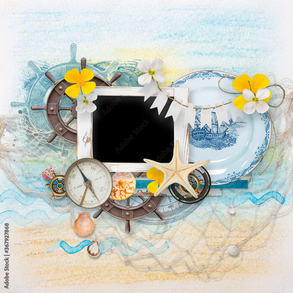 marine scrapbook frame on blue watercolor painted sea background. Sea ...