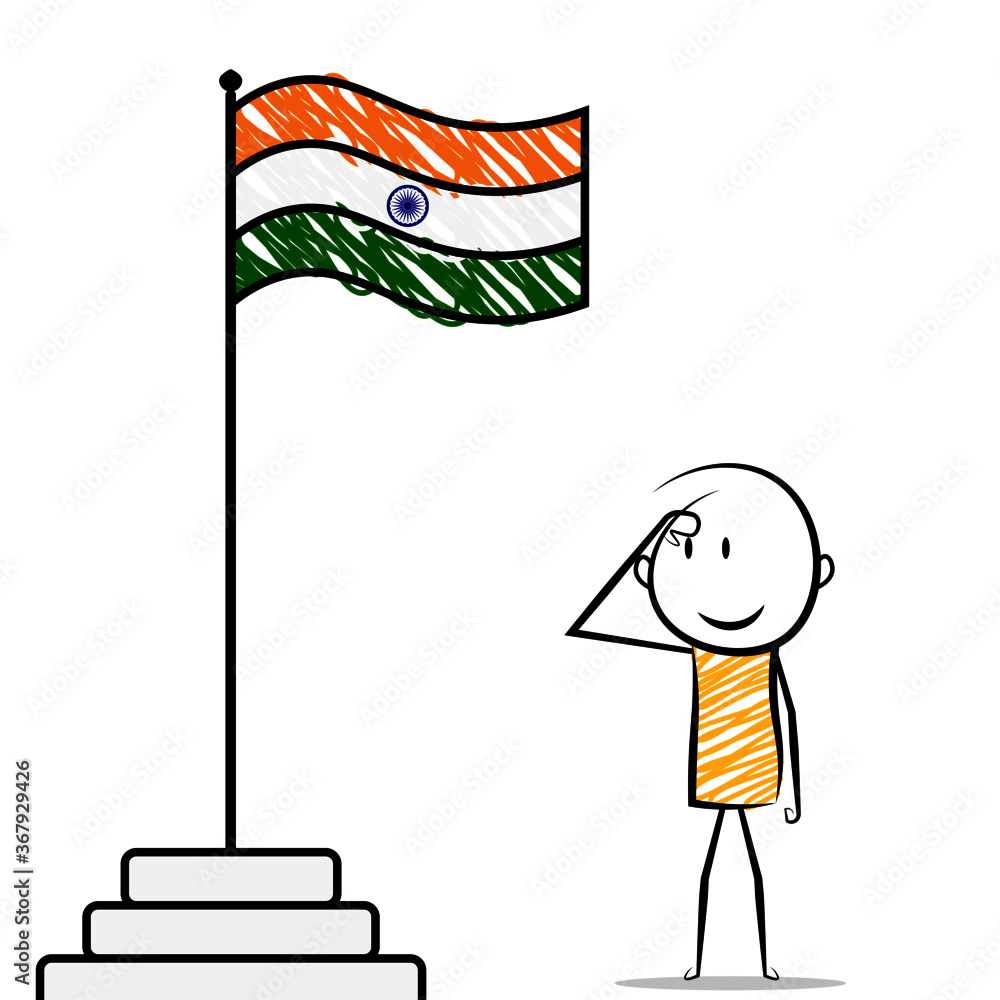 cartoon stickman: salute indian flag,15th august, india, independence ...