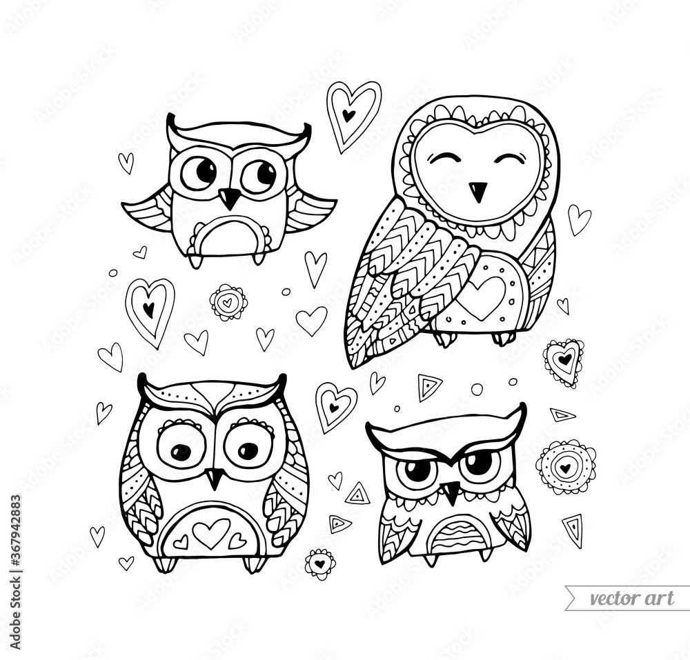 Owls isolated. Cute birds. Set collection. Vector. Coloring book page ...