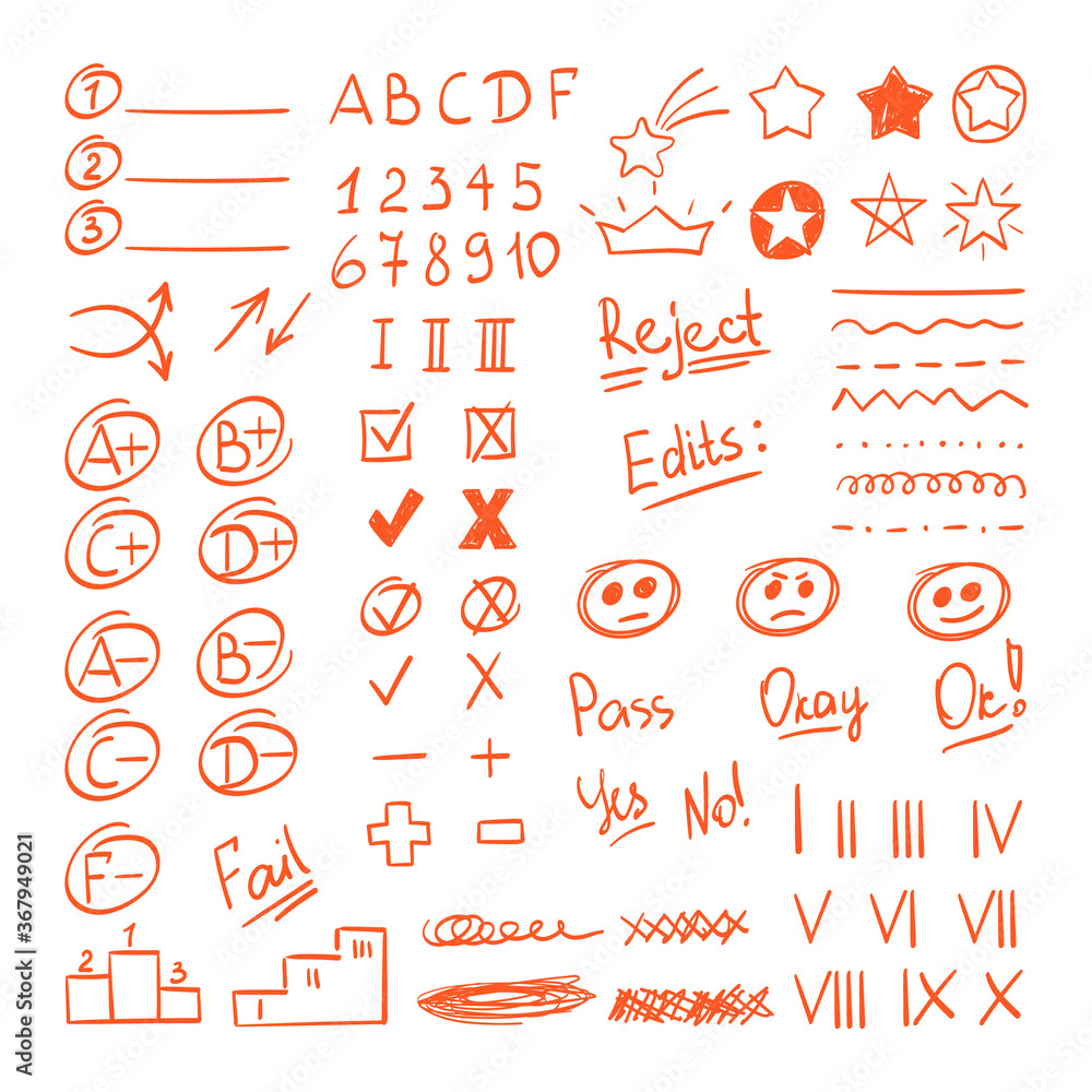 Handdrawn red pen test result marks set. Verification of homework ...