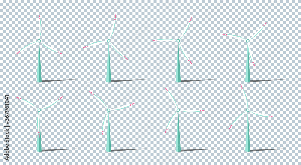 Set of vector illustration. Windmills with shadow. Wind turbines with ...