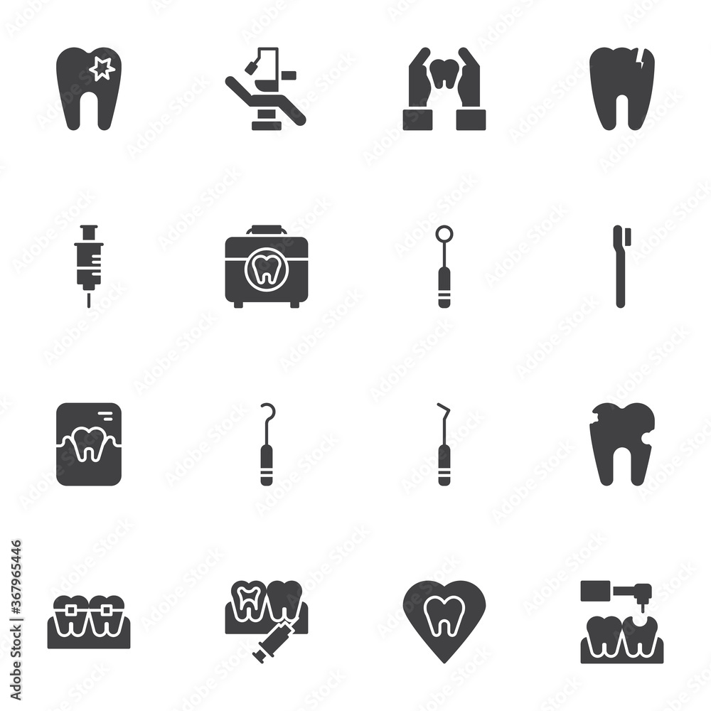 Dentist, orthodontics vector icons set, dentistry modern solid symbol ...