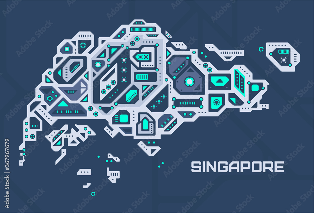 Abstract futuristic map of Singapore. Mechanical circuit of the country ...