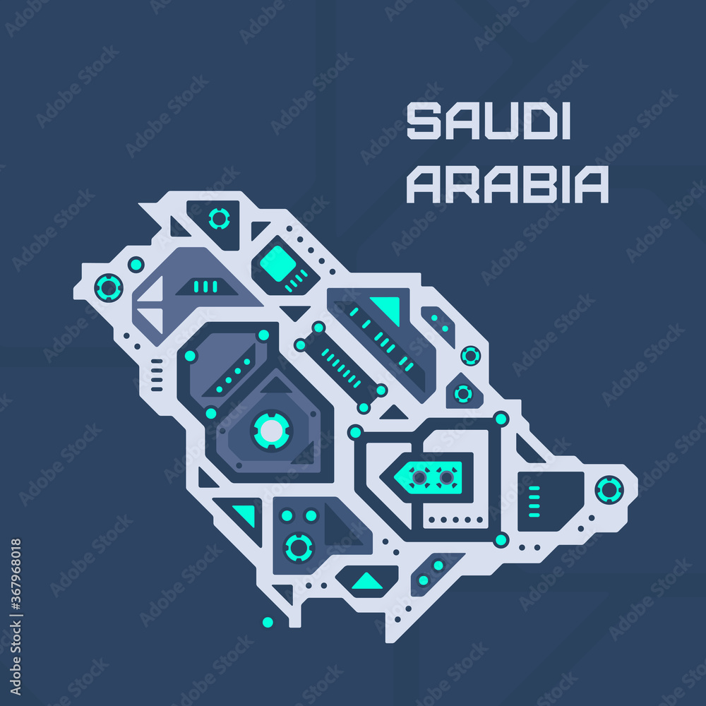 Abstract futuristic map of Saudi Arabia. Mechanical circuit of the ...