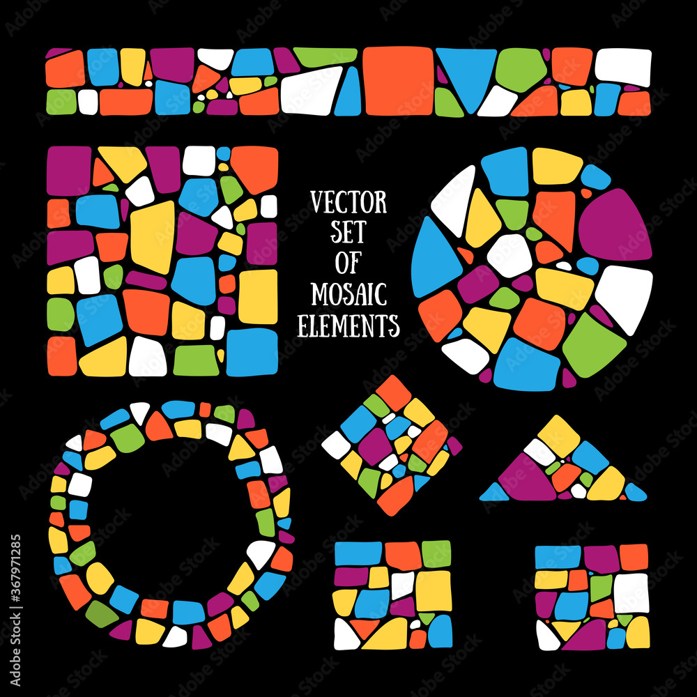 Bright mosaic texture. Vector isolated circle, square, triangle, border ...
