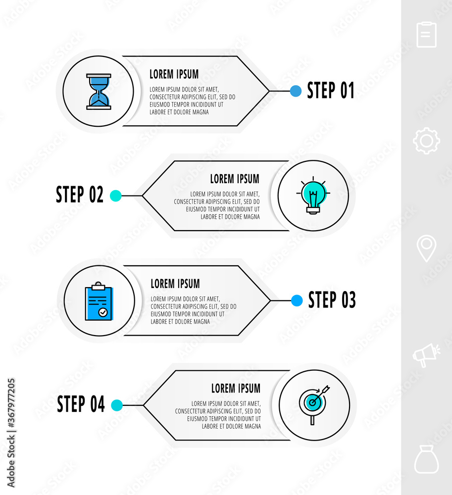 Vector circle infographics with 4 arrows. Four step line template. Used ...