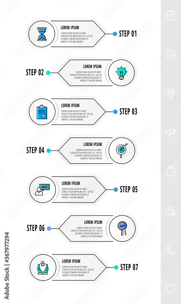 Vector circle infographics with 7 arrows. Seven step line template ...