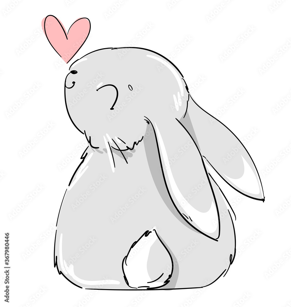 Hand Drawn Cute Bunny and heart isolated on white background. Print ...