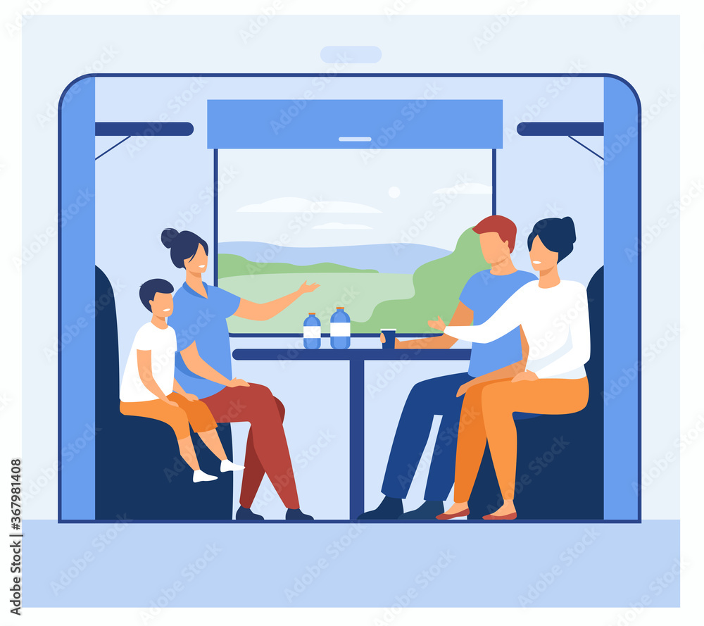 Happy people travelling by train. Cartoon passengers sitting on couches ...