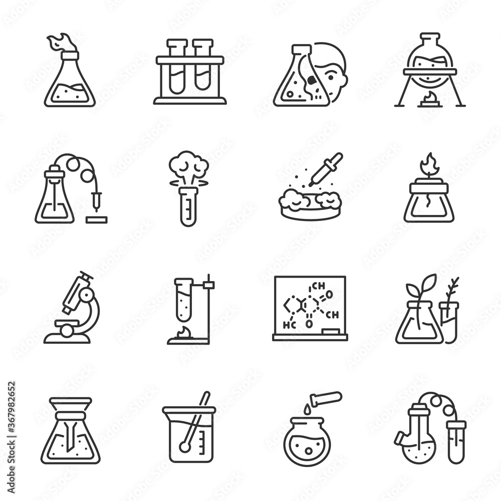 Chemistry. Chemical laboratory, icon set. Chemical reaction, laboratory ...