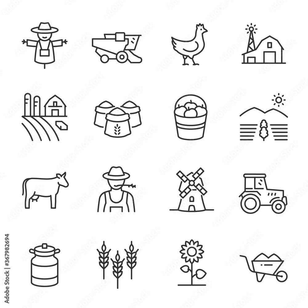 Farm, agriculture icon set. Cultivating plants and livestock, farming ...