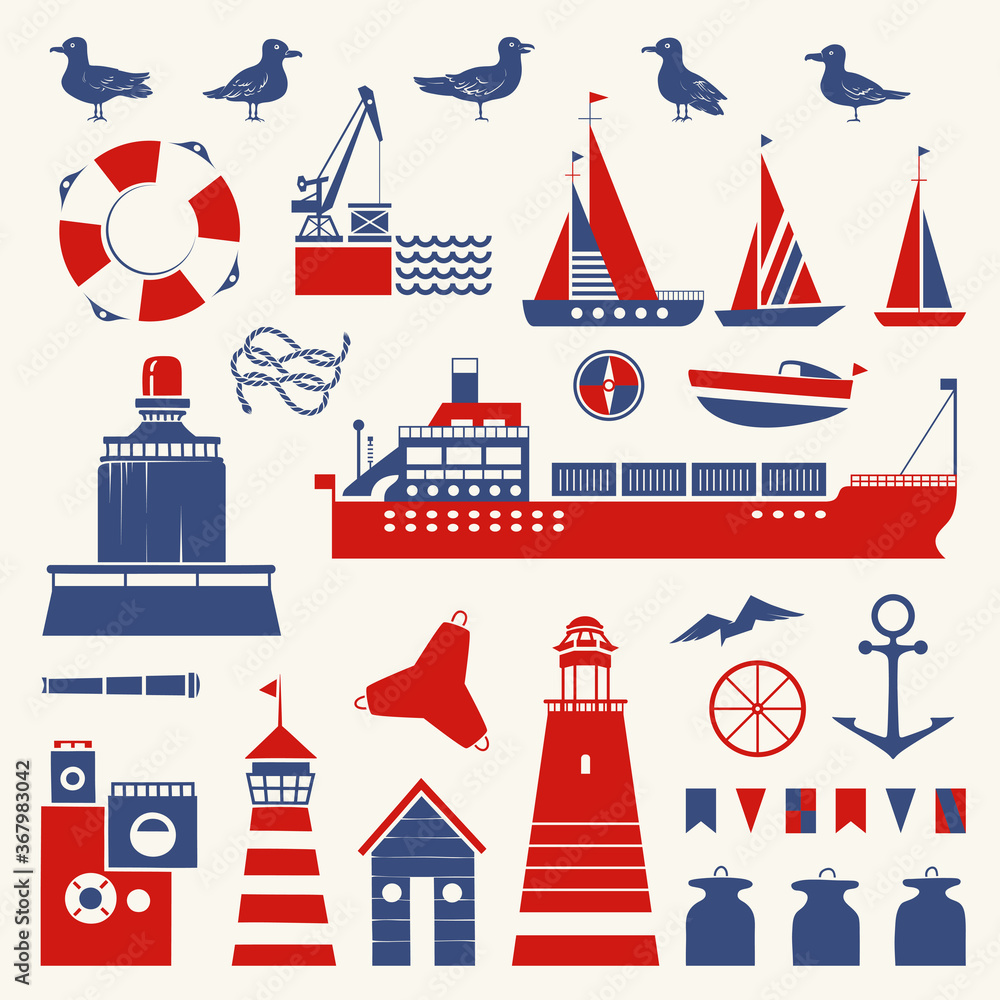Vector Set of Nautical Symbols, Objects and Attributes Stock Vector ...