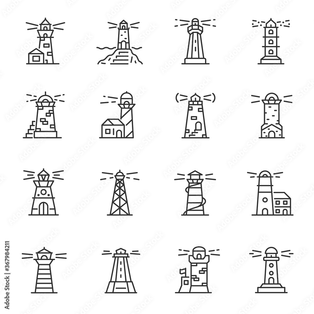 Lighthouse, icon set. Marine lighthouses, linear icons. Line with ...