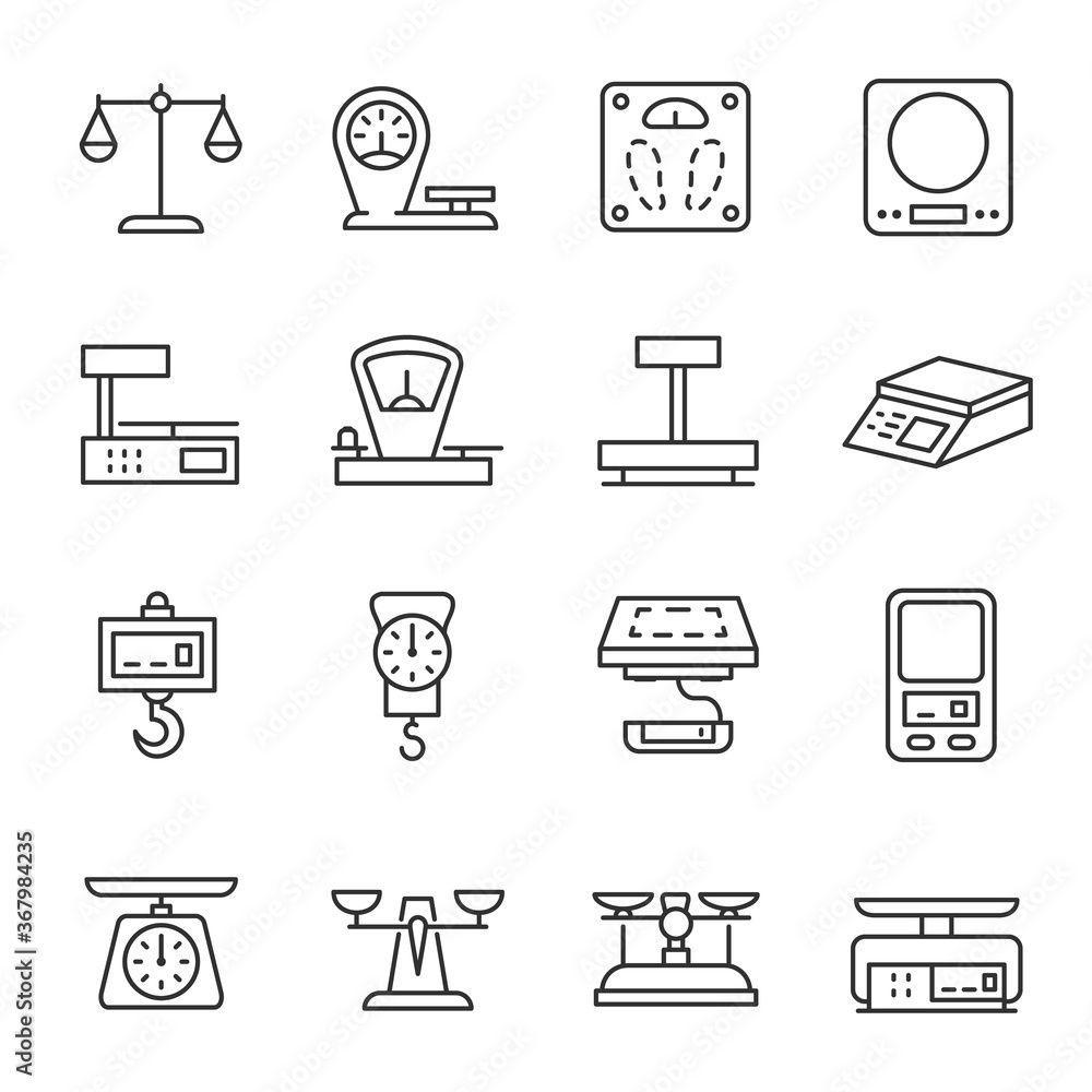 Weighing scale, icon set. Beam balance. Device to measure weight or ...