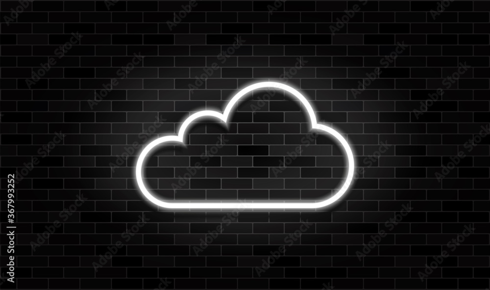 Cloud neon sign on the black brick wall background. Glowing white cloud ...