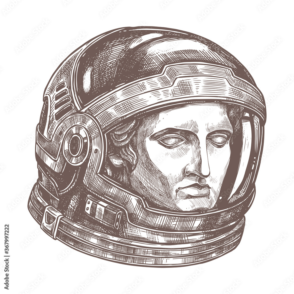Apollo ancient statue in astronaut or cosmonaut helmet. Greece god like ...