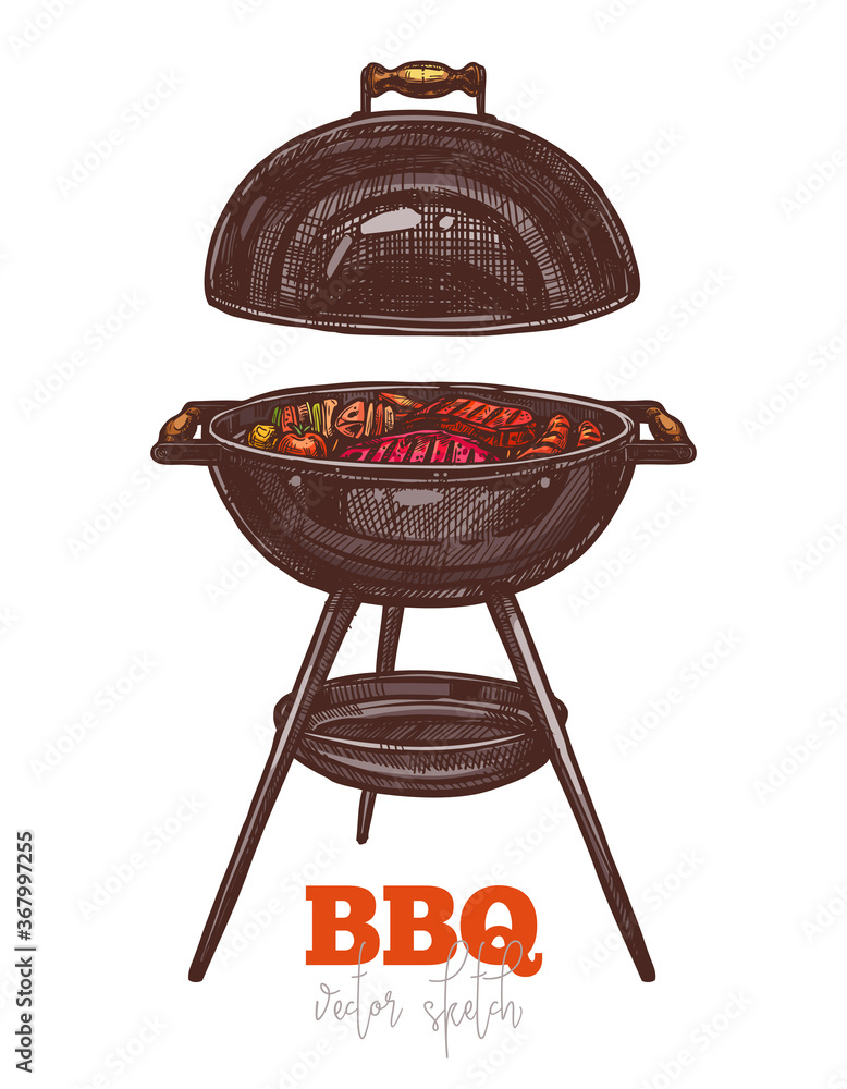 Barbecue grill with pork, coal, grilled meat, vegetables, sausages and ...