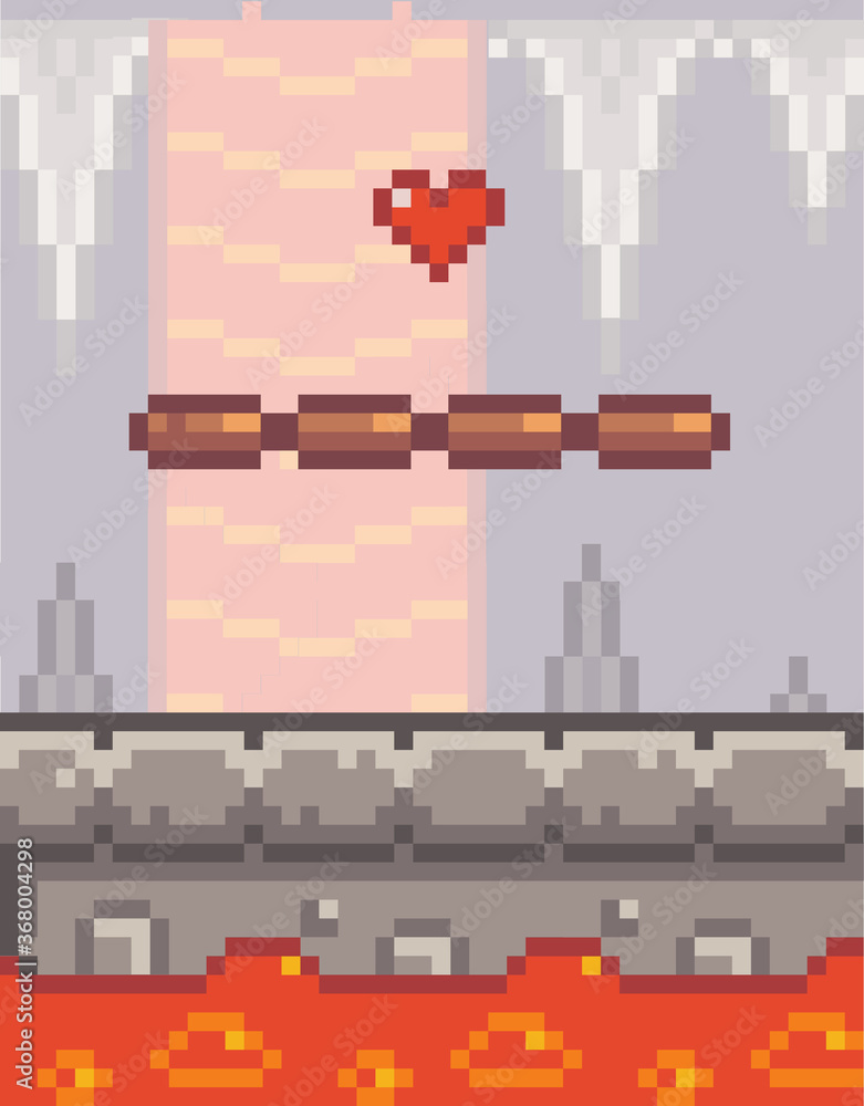 Life heart above unstable platform over magma. Pixelated texture ...