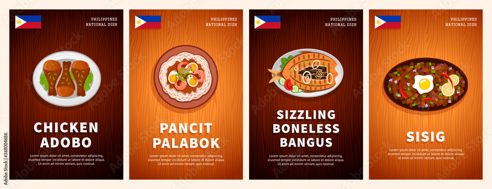Philippine cuisine, traditional food, national dishes on a wooden table ...