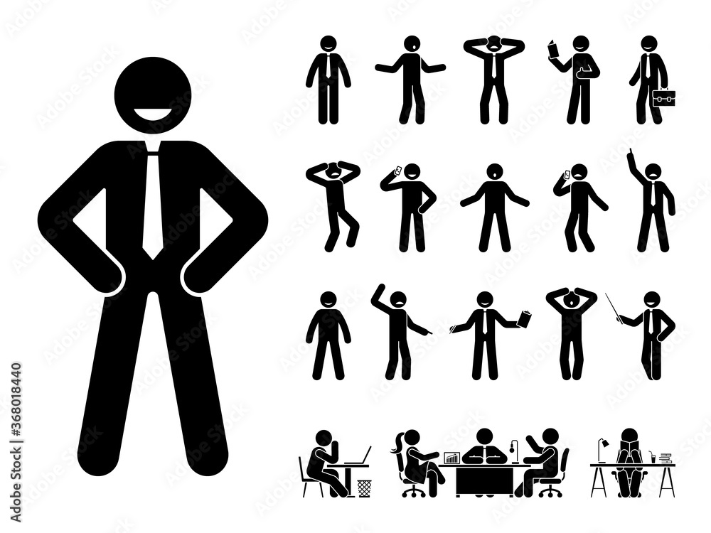 Stick figure office man standing in different poses design vector icon ...