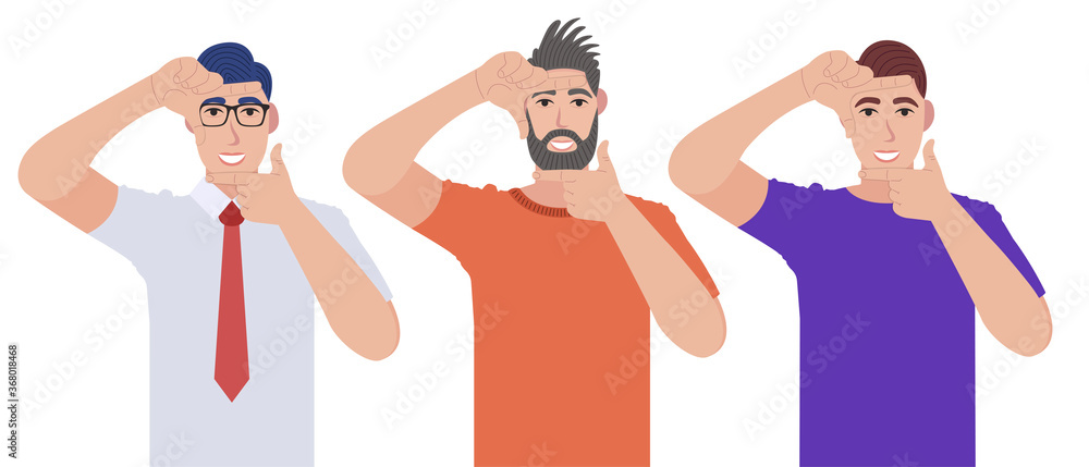 Men focusing with they fingers, making frame with hands. Men focusing ...