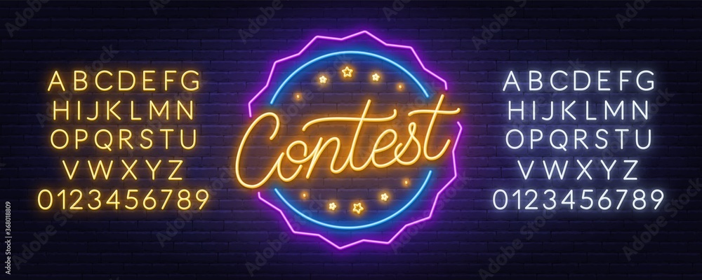 Contest neon sign with stars on brick wall background. White and yellow ...