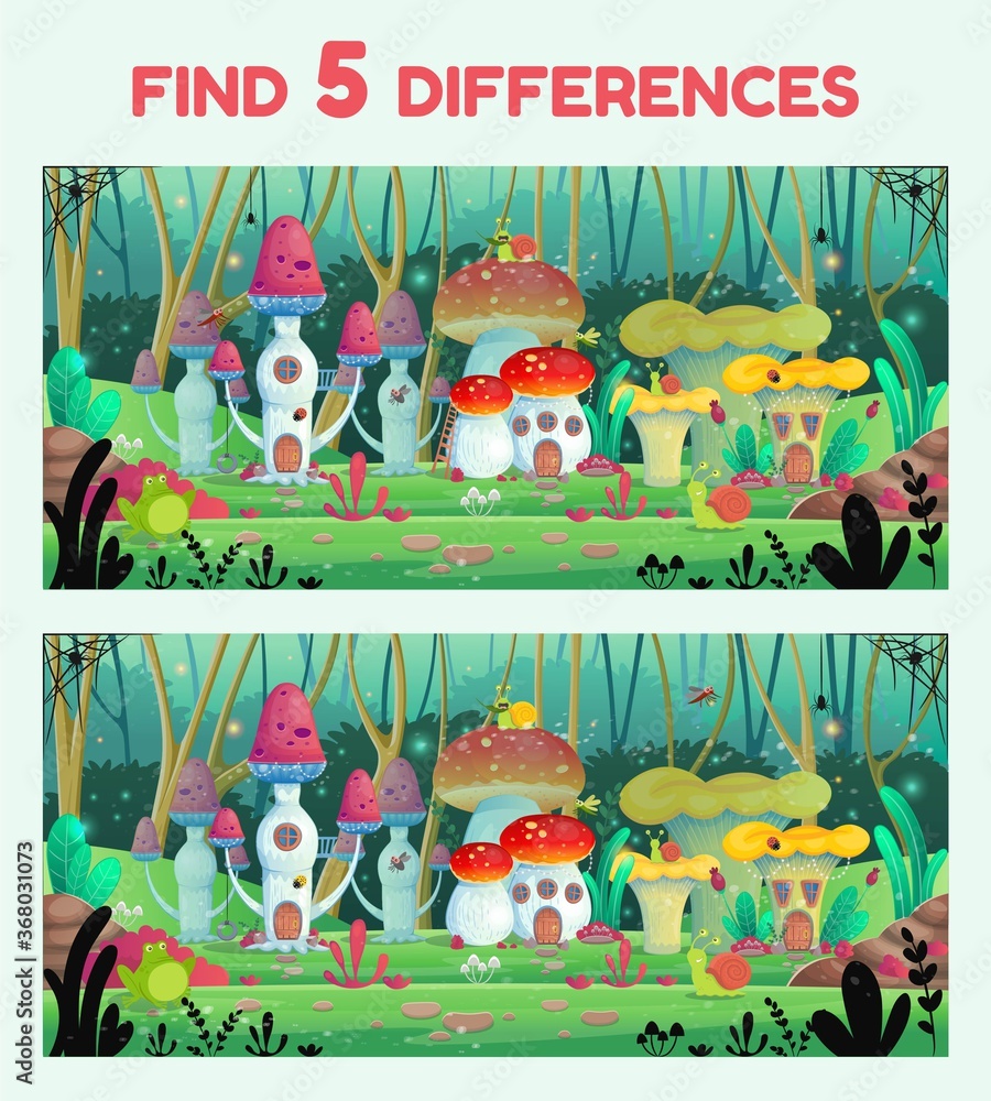 Find 5 differences, game for children, vector illustration. Mushroom ...