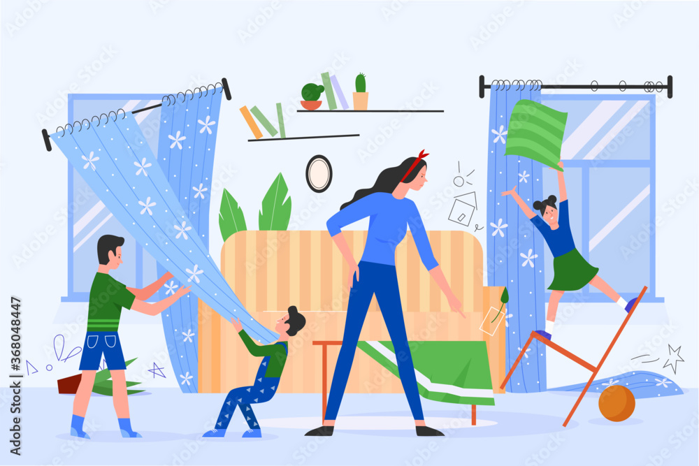 Annoyed mother with naughty children vector illustration. Cartoon flat ...