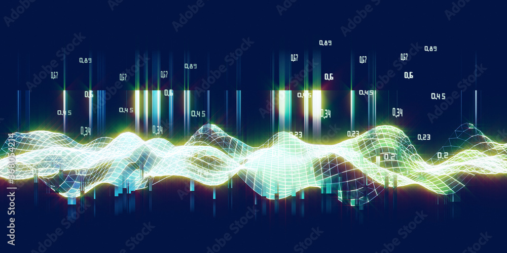 Big Data Abstract Infographics With Wavy Glow Grid Algorithm Data With Bllured Lines On Blue