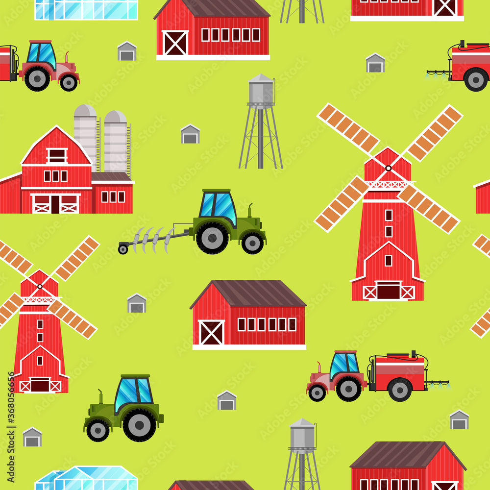 Farm seamless pattern with barn, windmill, tractor, water tower, red ...
