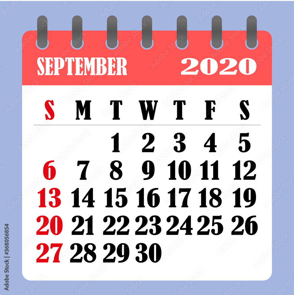 Letter calendar for September 2020. The week begins on Sunday. Time ...