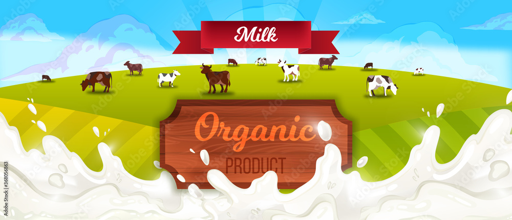 Milk farm landscape with cows, red ribbon, green hills, wooden ...
